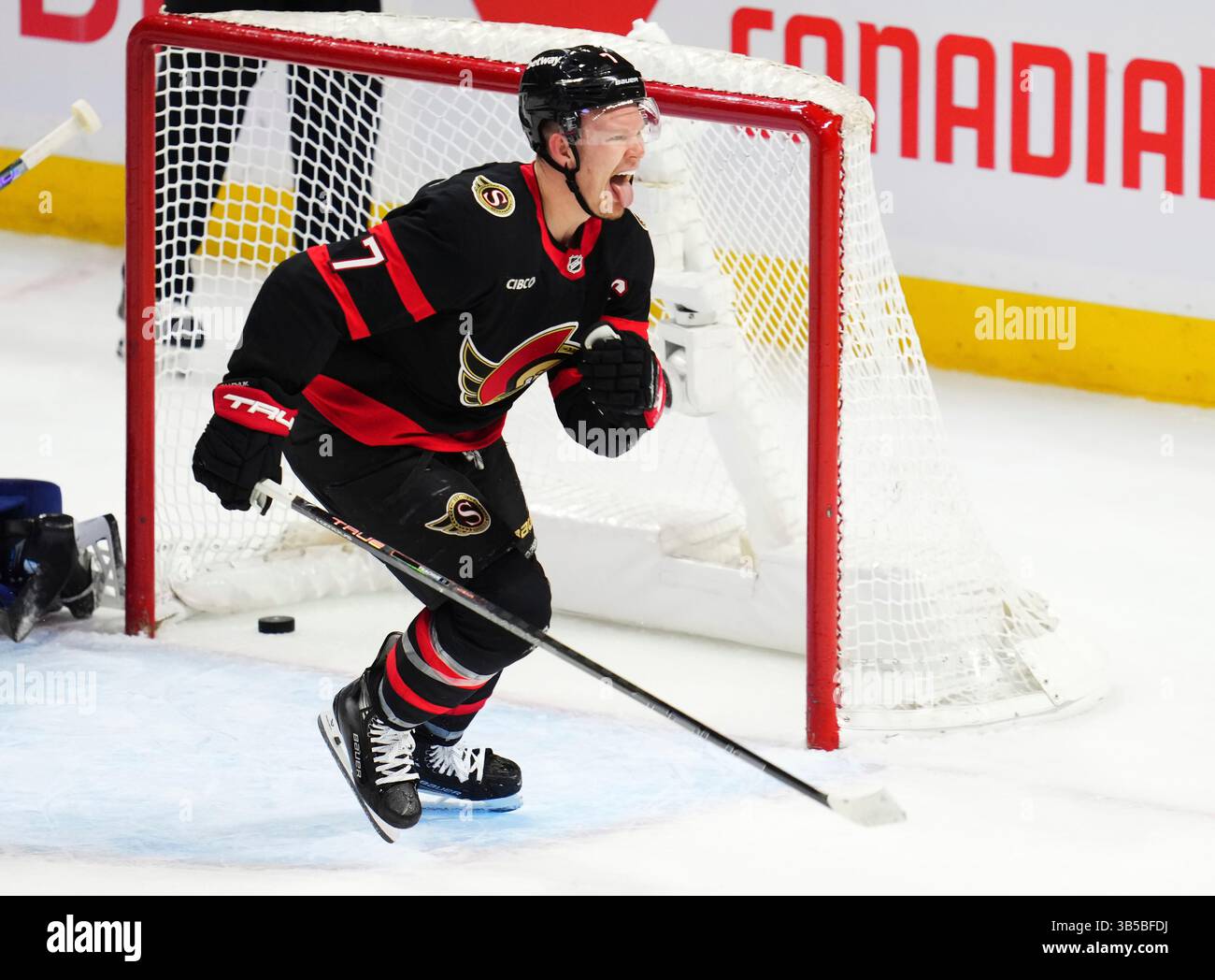 Ottawa Senators' Brady Tkachuk (7) celebrates his goal against the ...