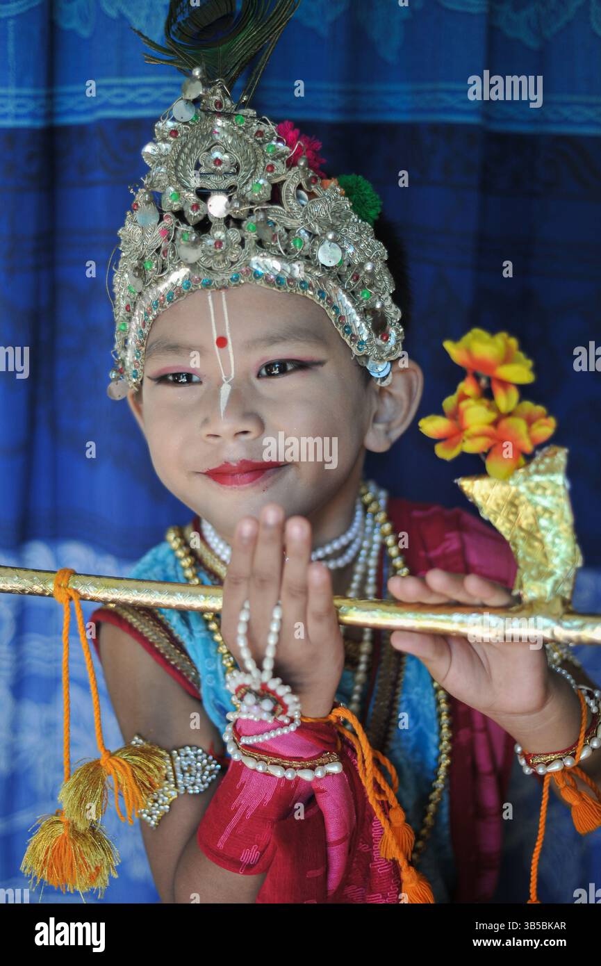 August 19, 2022: Portraiture of Cute Kid dressed up like lord Krishna ...