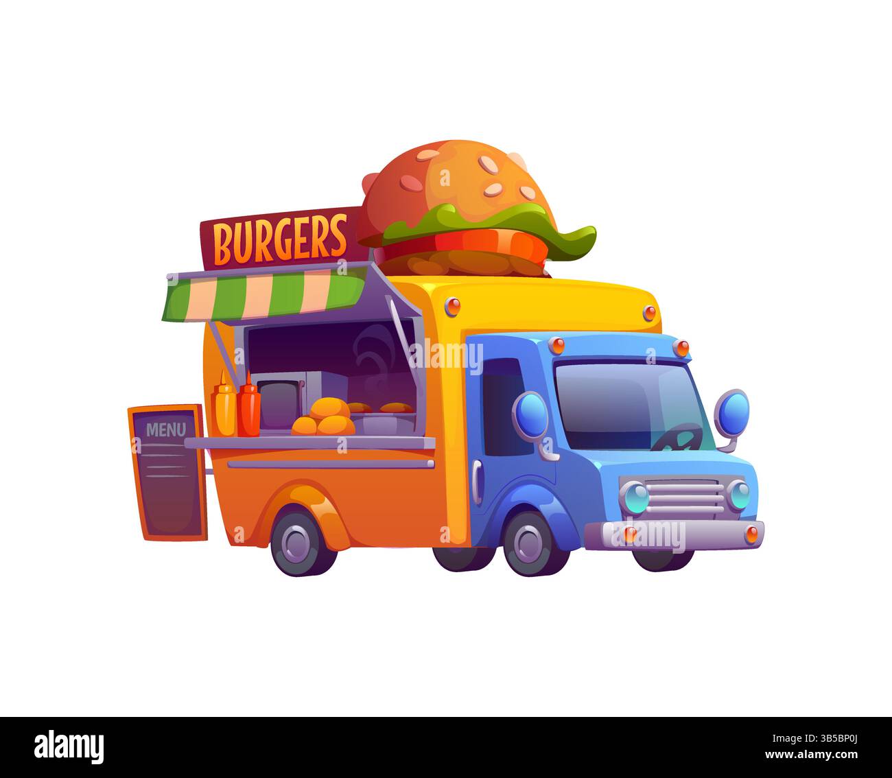 Cartoon burger food truck, vintage festival street foodtruck. Vector ...