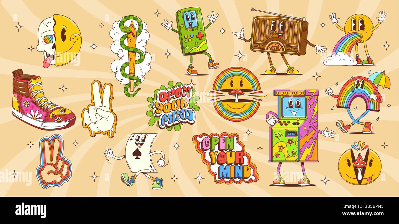 Retro hippie groovy characters and symbols. Cartoon psychedelic smile ...