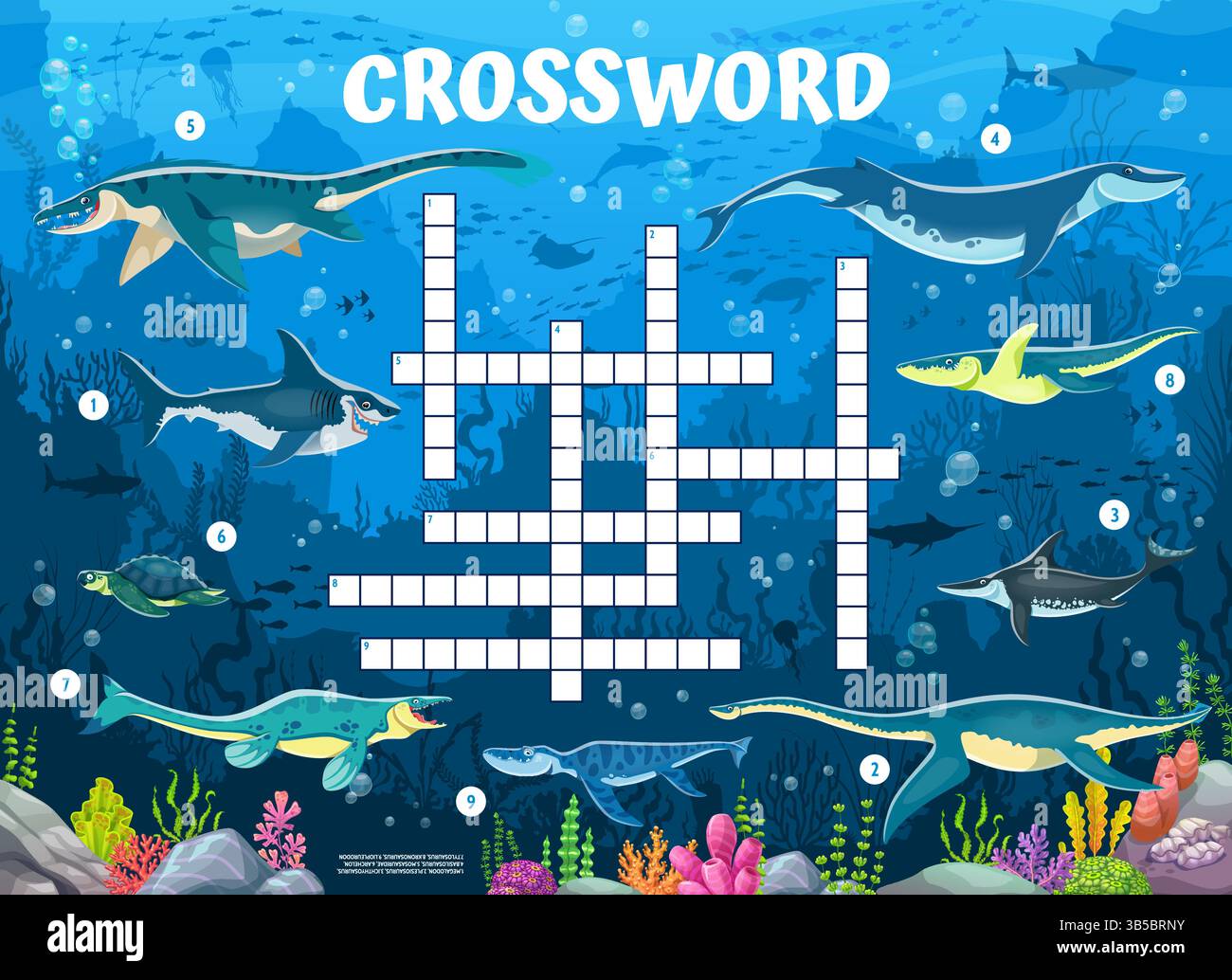 Crossword quiz game grid with prehistoric underwater dinosaurs and ...