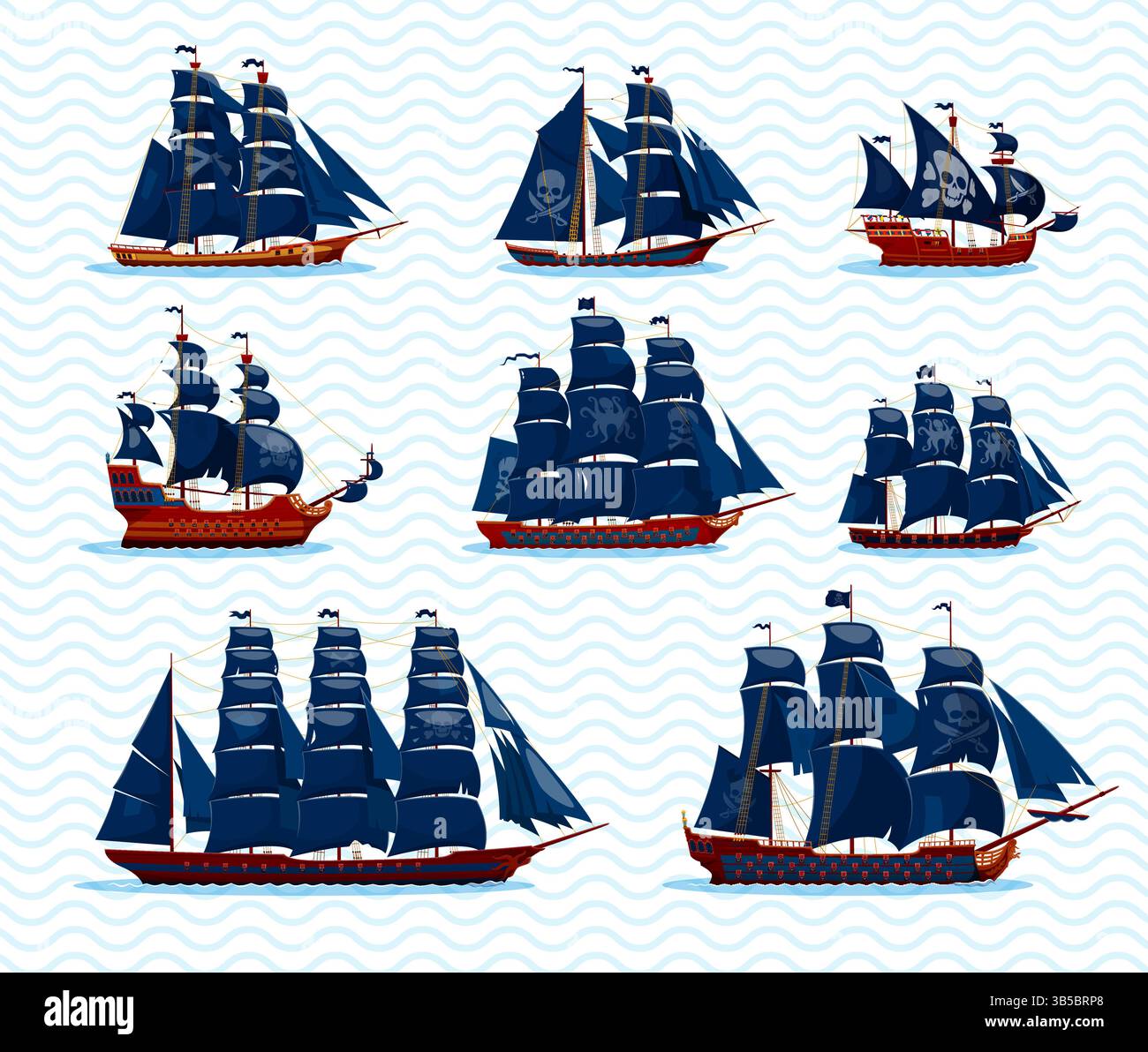Cartoon pirate ships game asset, vector UI. Old wood sail boats ...