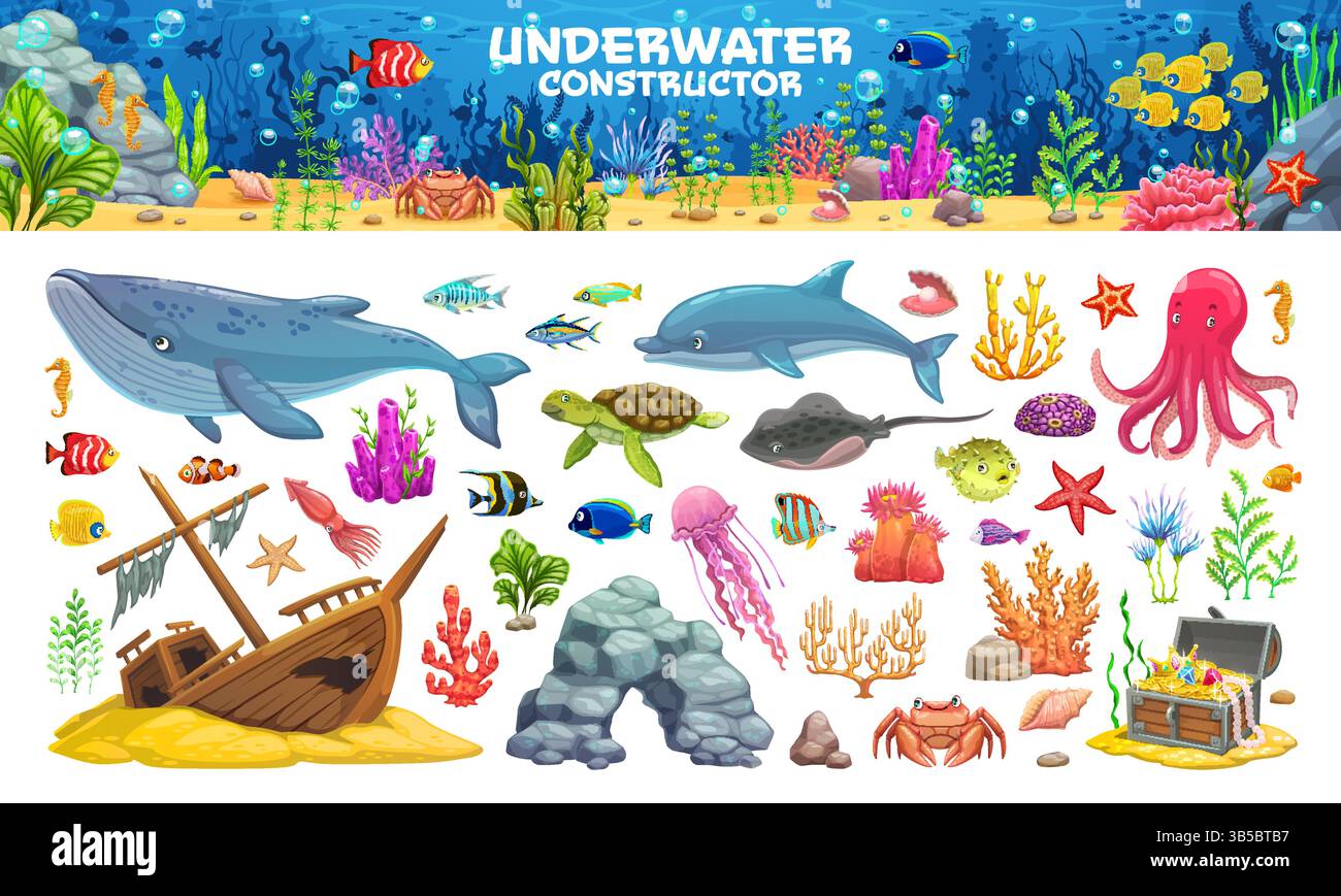 Underwater sea landscape constructor with cartoon sea animals, fish and ...