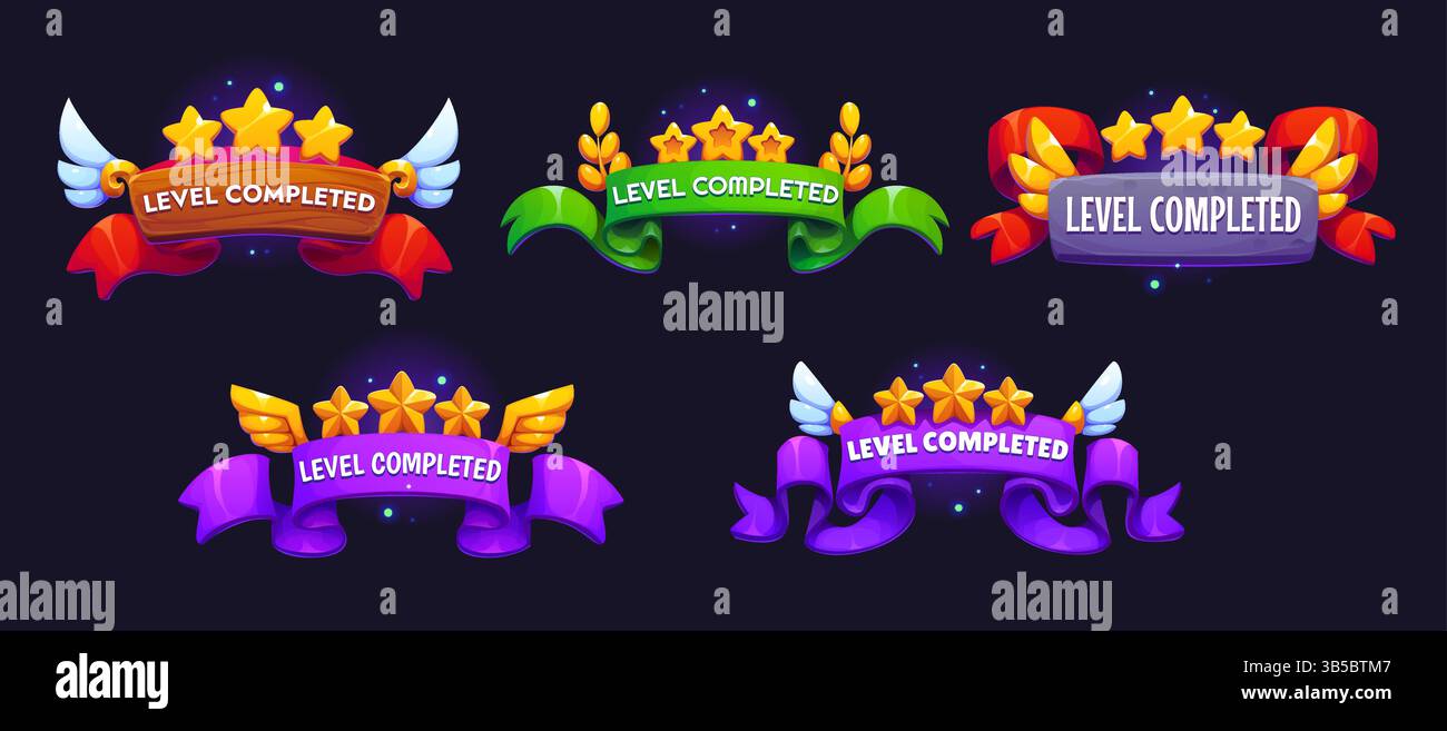 Level up and complete game asset, badge icons with cartoon gold star ...