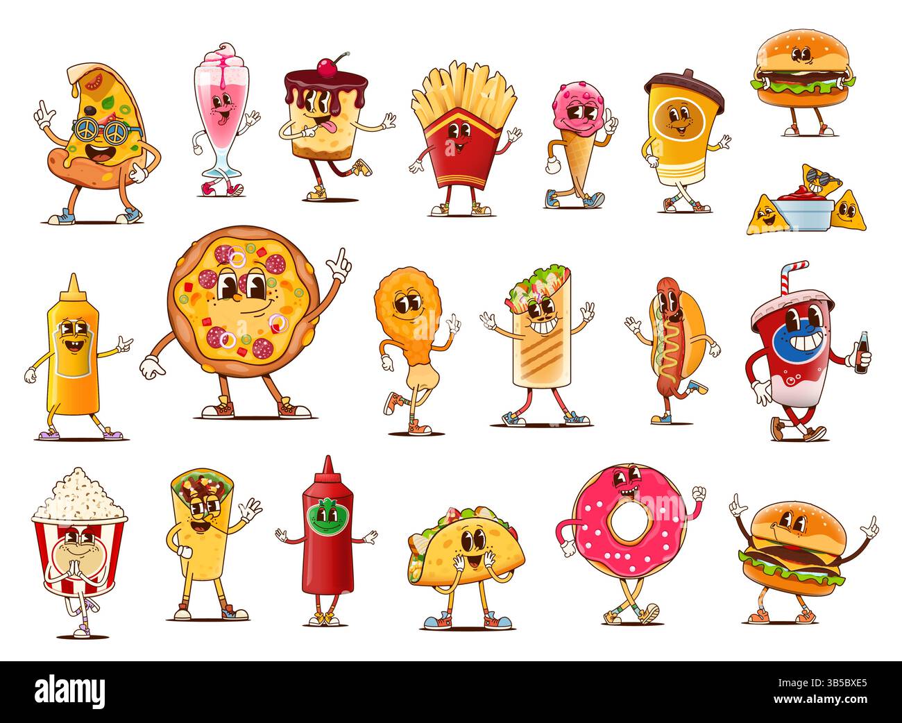 Groovy fast food characters with vector psychedelic hippie burgers ...