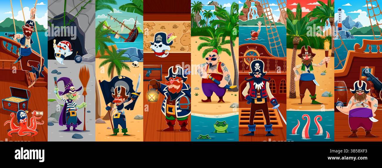 Cartoon pirate and corsair characters collage. Ghost and spirit ...