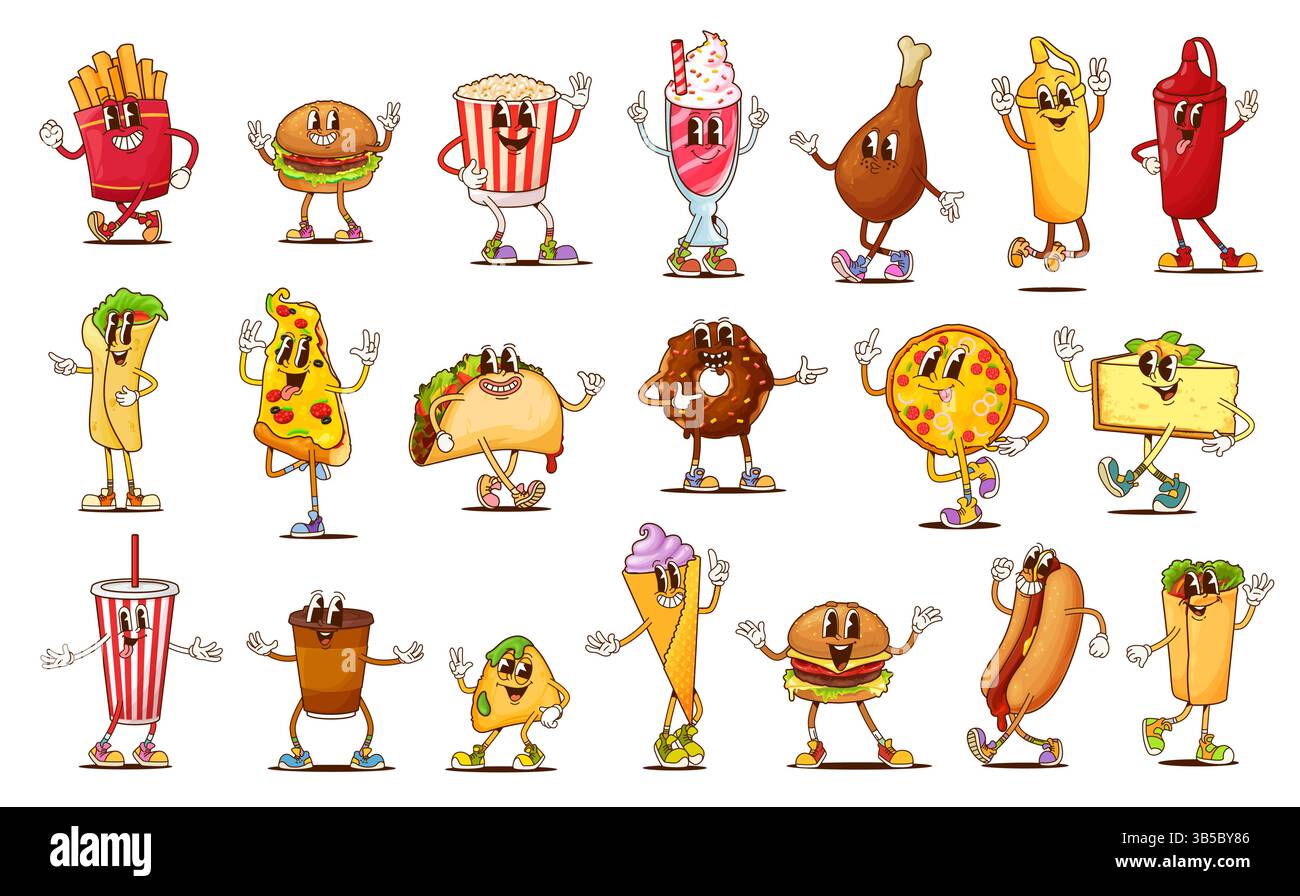 Groovy fast food, drinks and desserts characters. Happy retro hippie ...