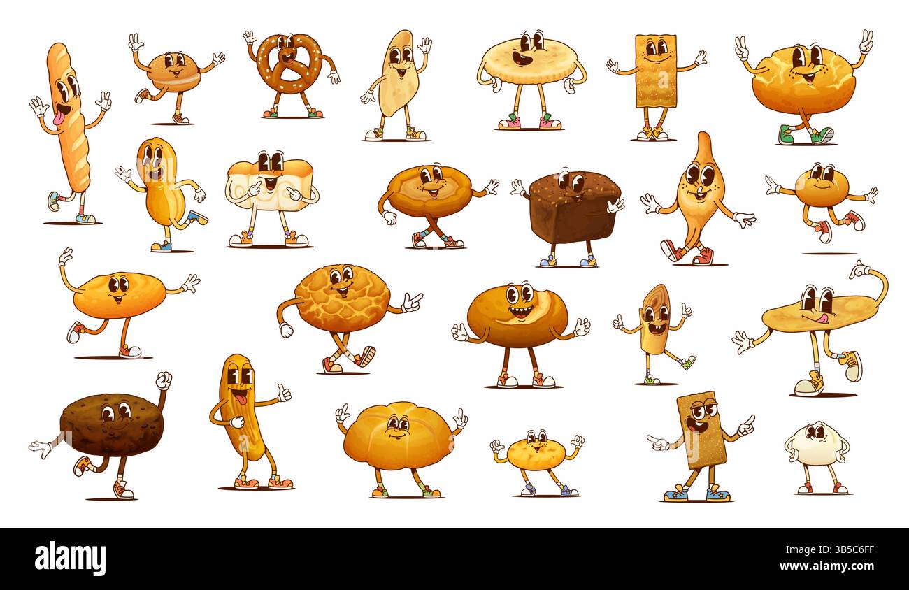 Bread and bakery groovy characters, vector food personages. Cartoon ...