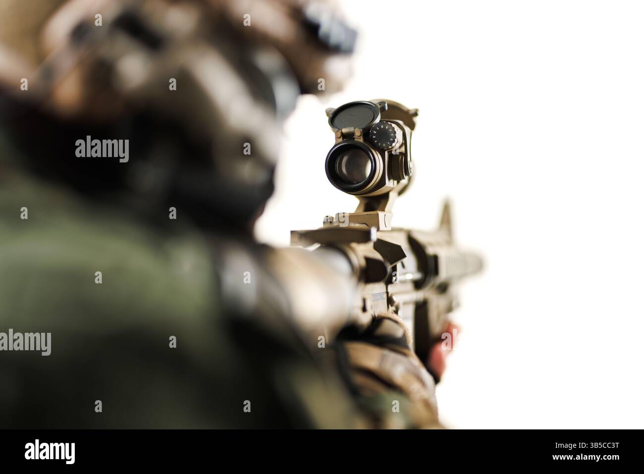Detailed view of a military rifle equipped with an optical targeting ...