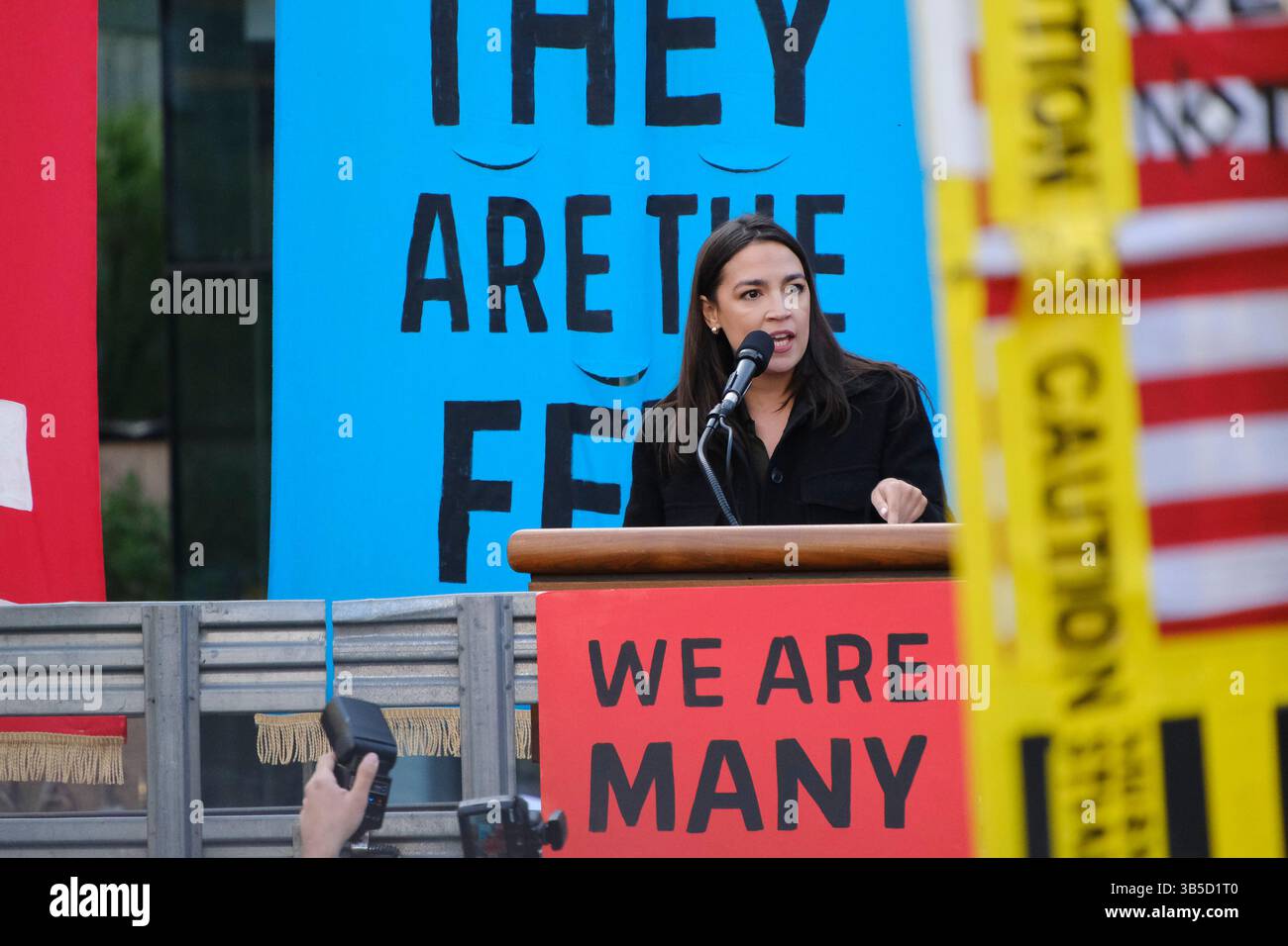 New York, NY, USA. 1st May, 2025. Alexandria Ocasio-Cortez speaks to ...