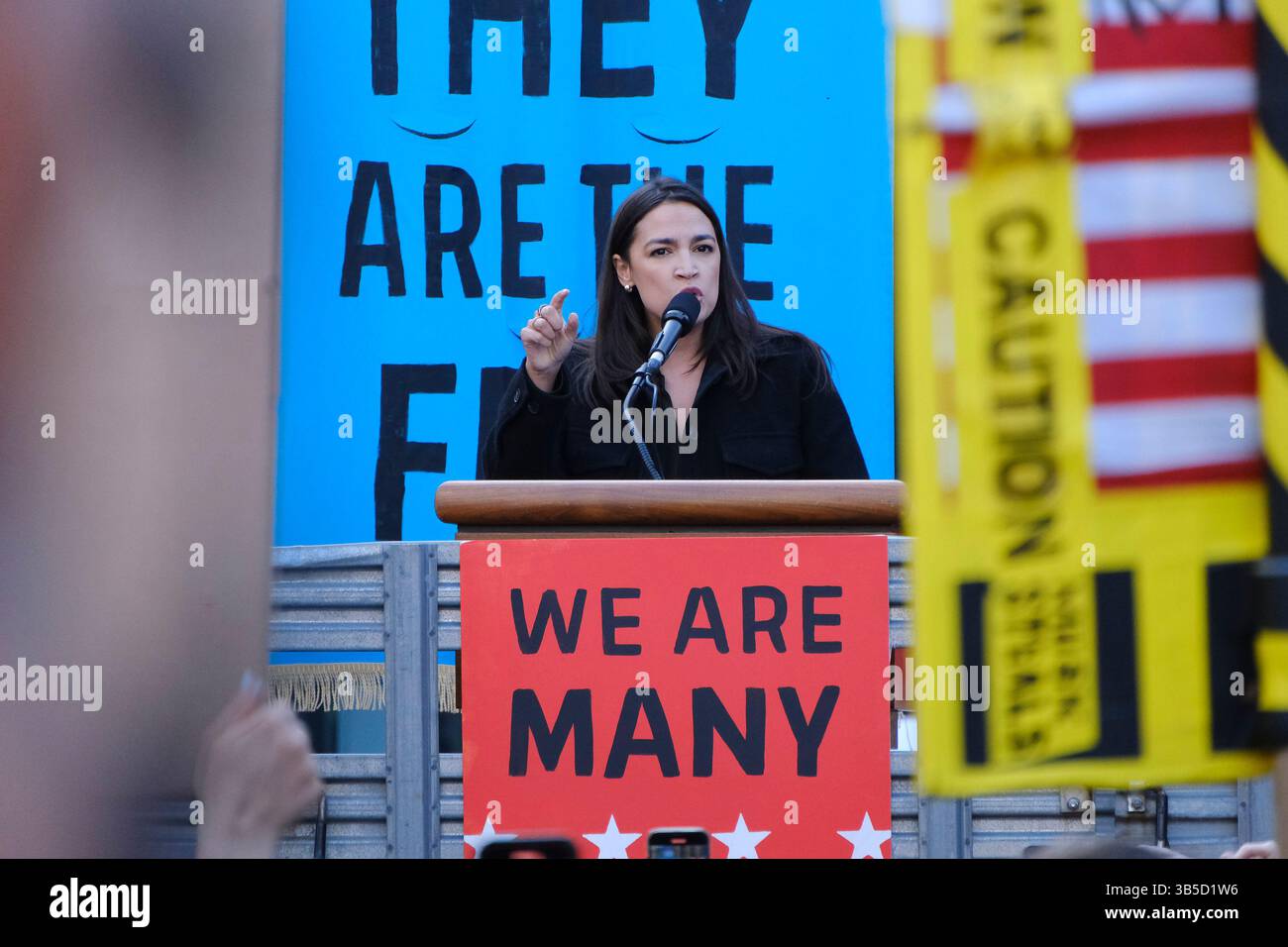 New York, NY, USA. 1st May, 2025. Alexandria Ocasio-Cortez speaks to ...