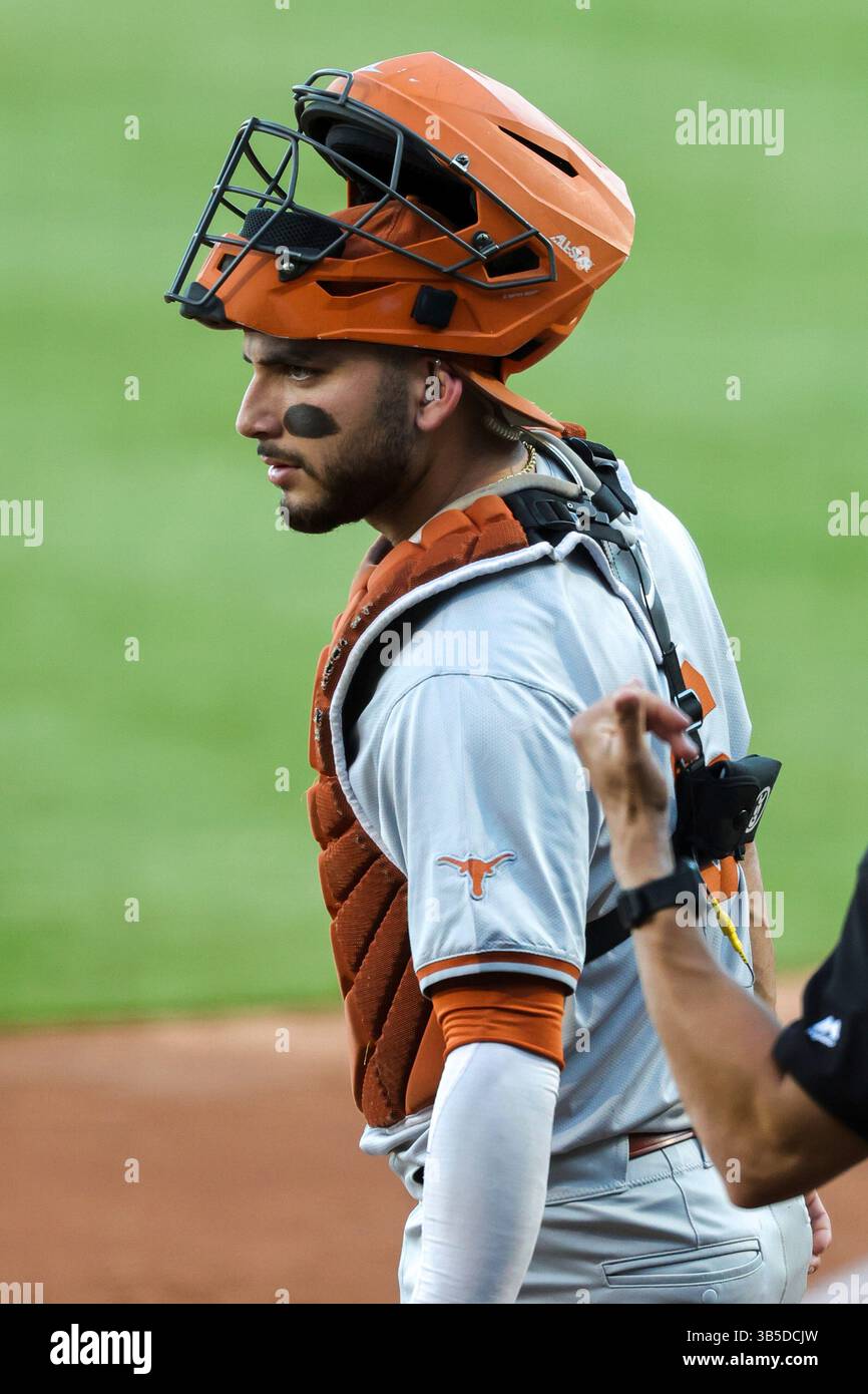 May 1, 2025: Longhorns catcher Rylan Galvan (6) lifts up his mask as he ...