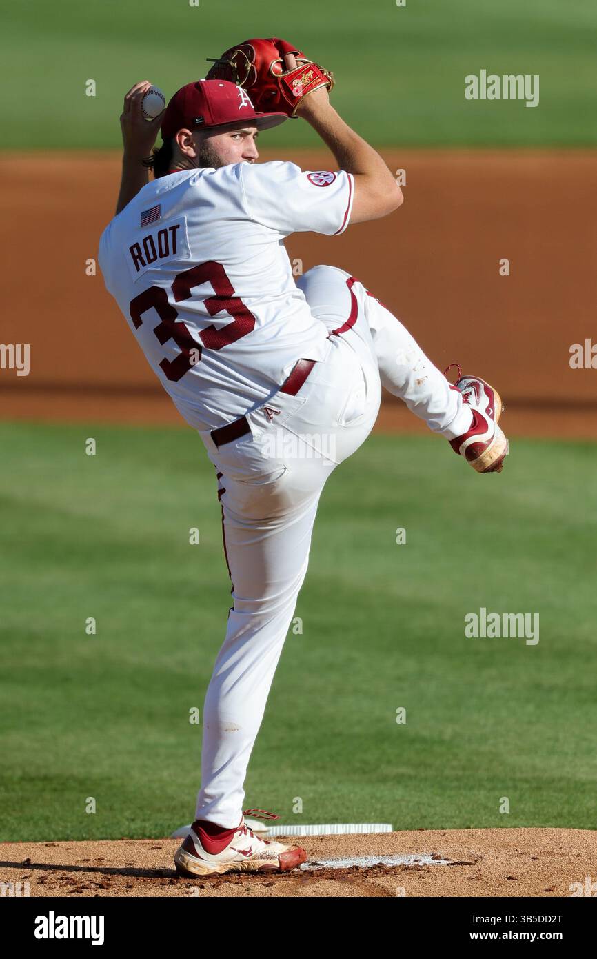 May 1, 2025: Hogs pitcher Zach Root (33) looks into the target as he ...