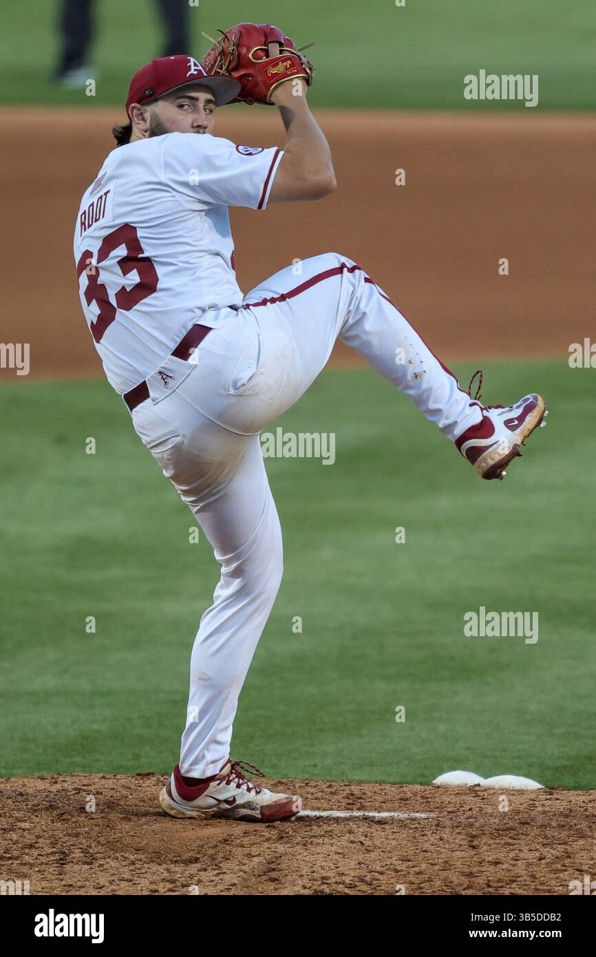 May 1, 2025: Razorback pitcher Zach Root (33) looks over his shoulder ...