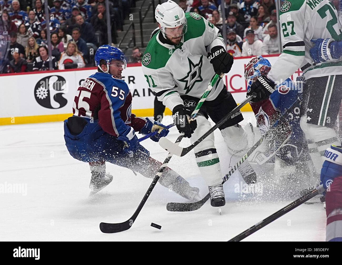 Dallas Stars center Tyler Seguin, center, shoots against Colorado ...