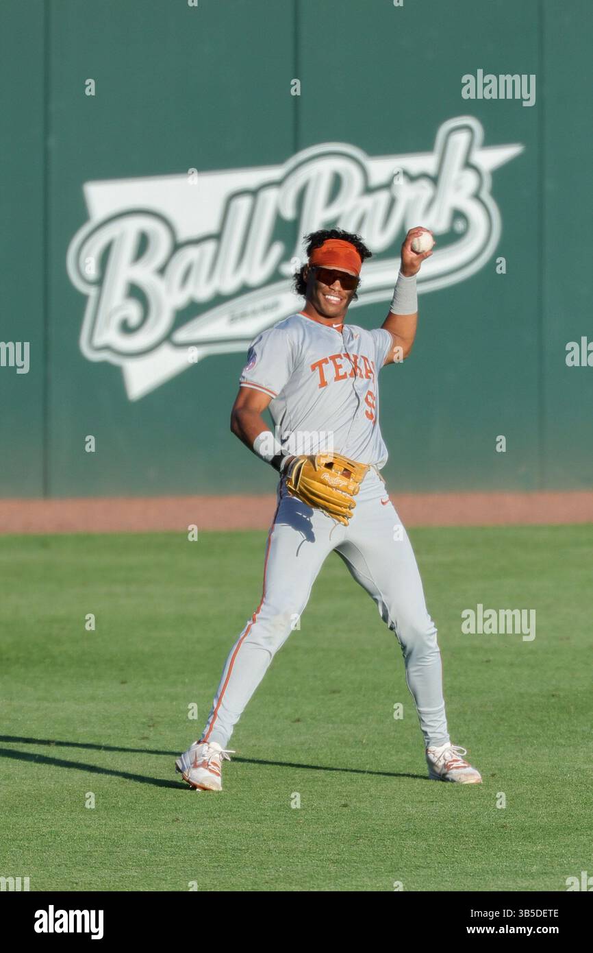 May 1, 2025: Jonah Williams (55) Texas outfielder flashes a grin after loosing the ball in the ...