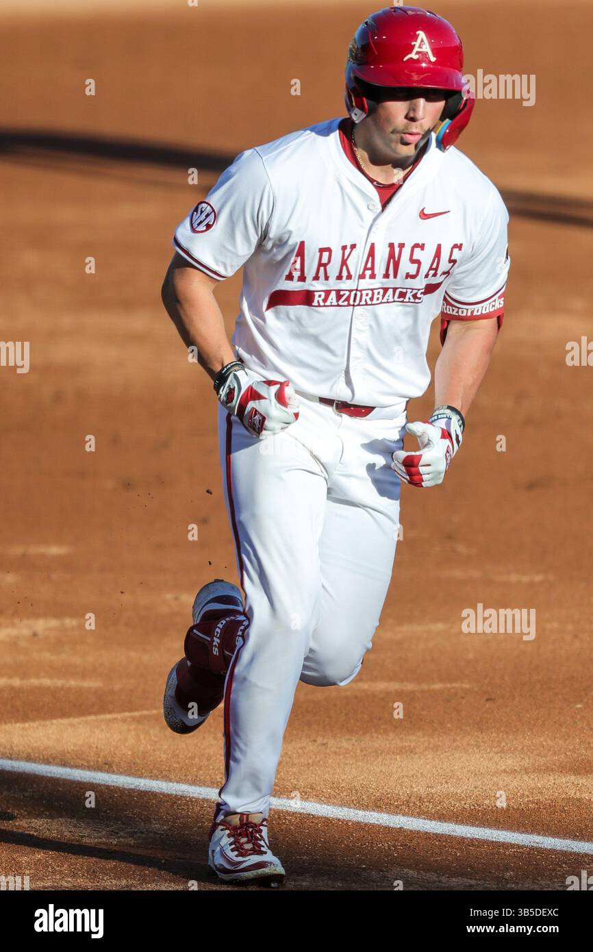 May 1, 2025: Carson Boles (28) of Arkansas rounds third base headed ...