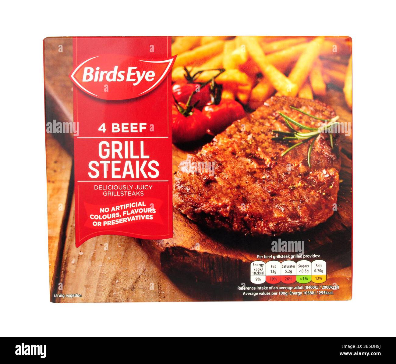 Birds Eye frozen beef grill steaks made from formed seasoned meat in a ...