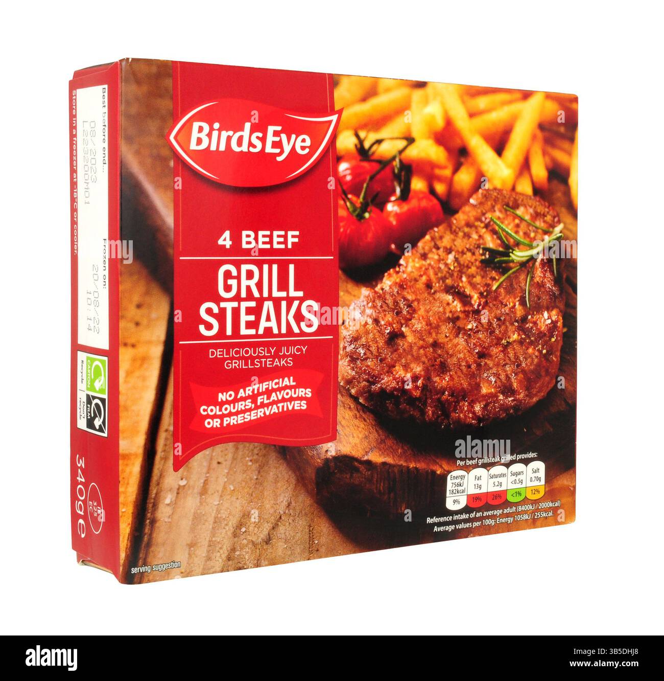 Birds Eye frozen beef grill steaks made from formed seasoned meat in a ...