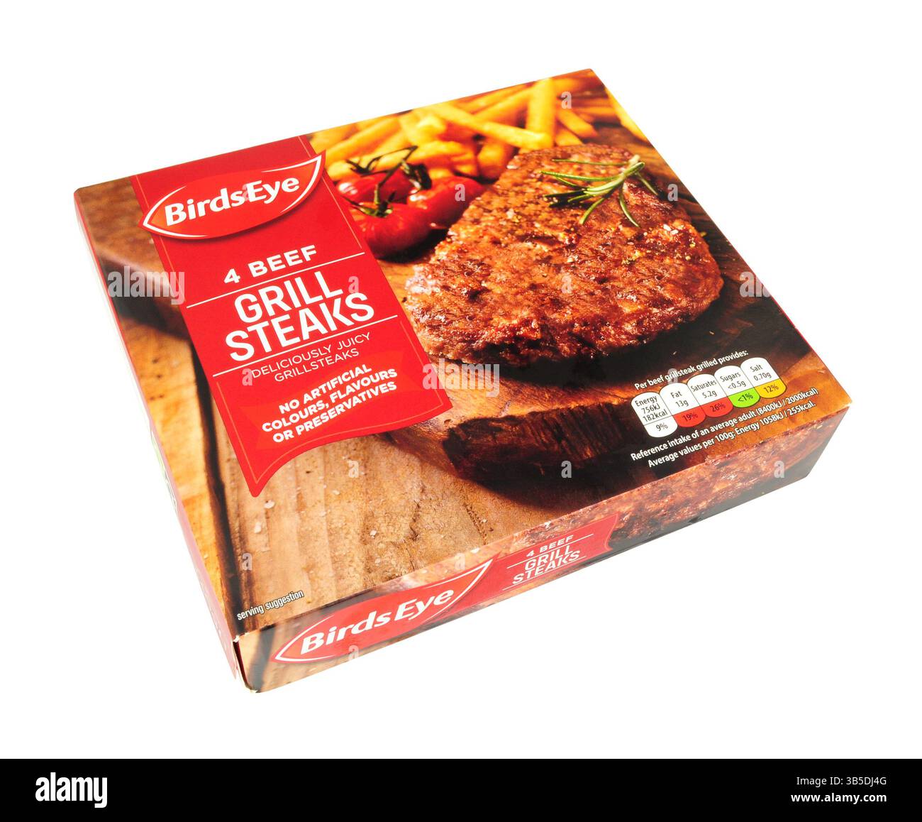 Birds Eye frozen beef grill steaks made from formed seasoned meat in a ...