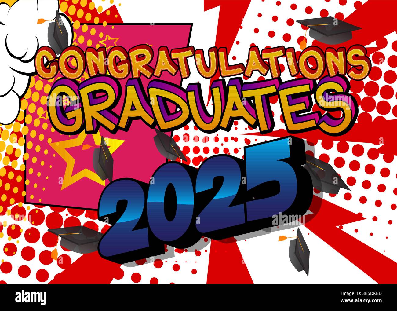 Cartoon Graduation 2025, comic book Education Celebration. Retro vector ...