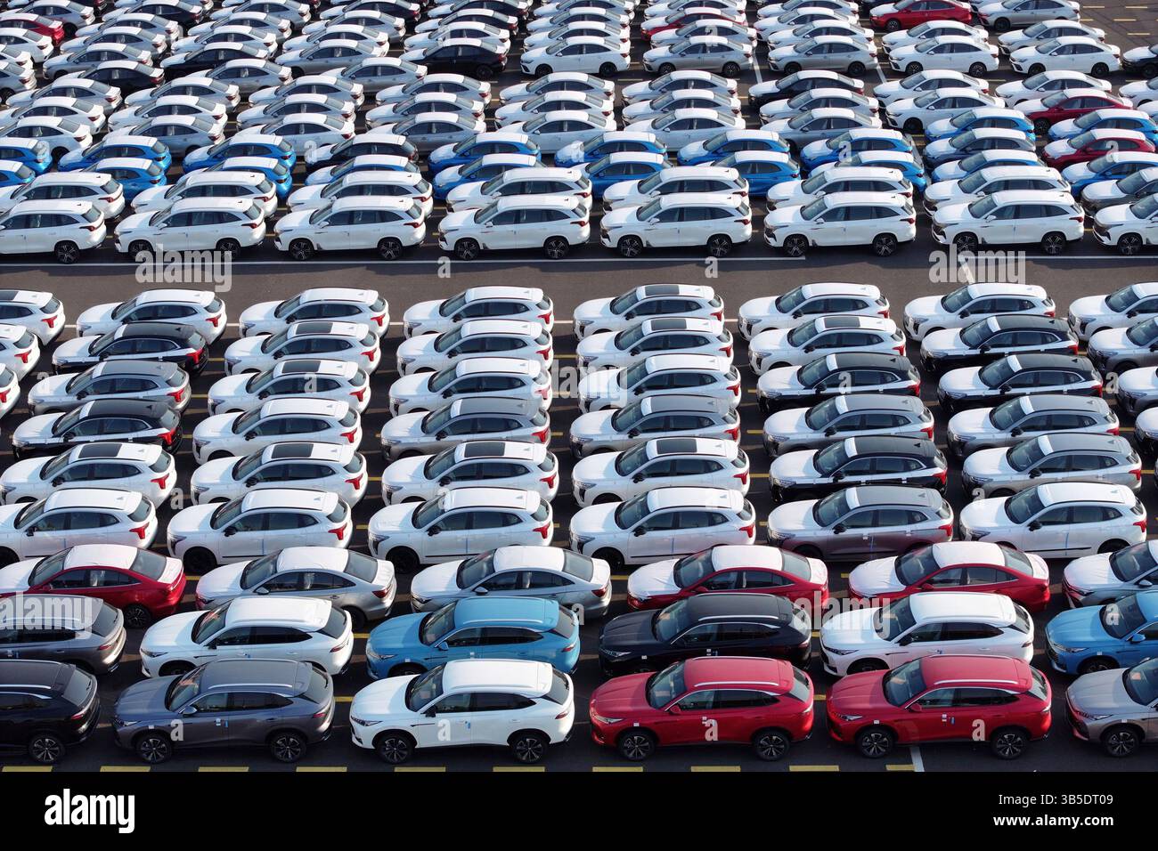 Aerial view of new cars wait for shipment in a port in Lianyungang in ...