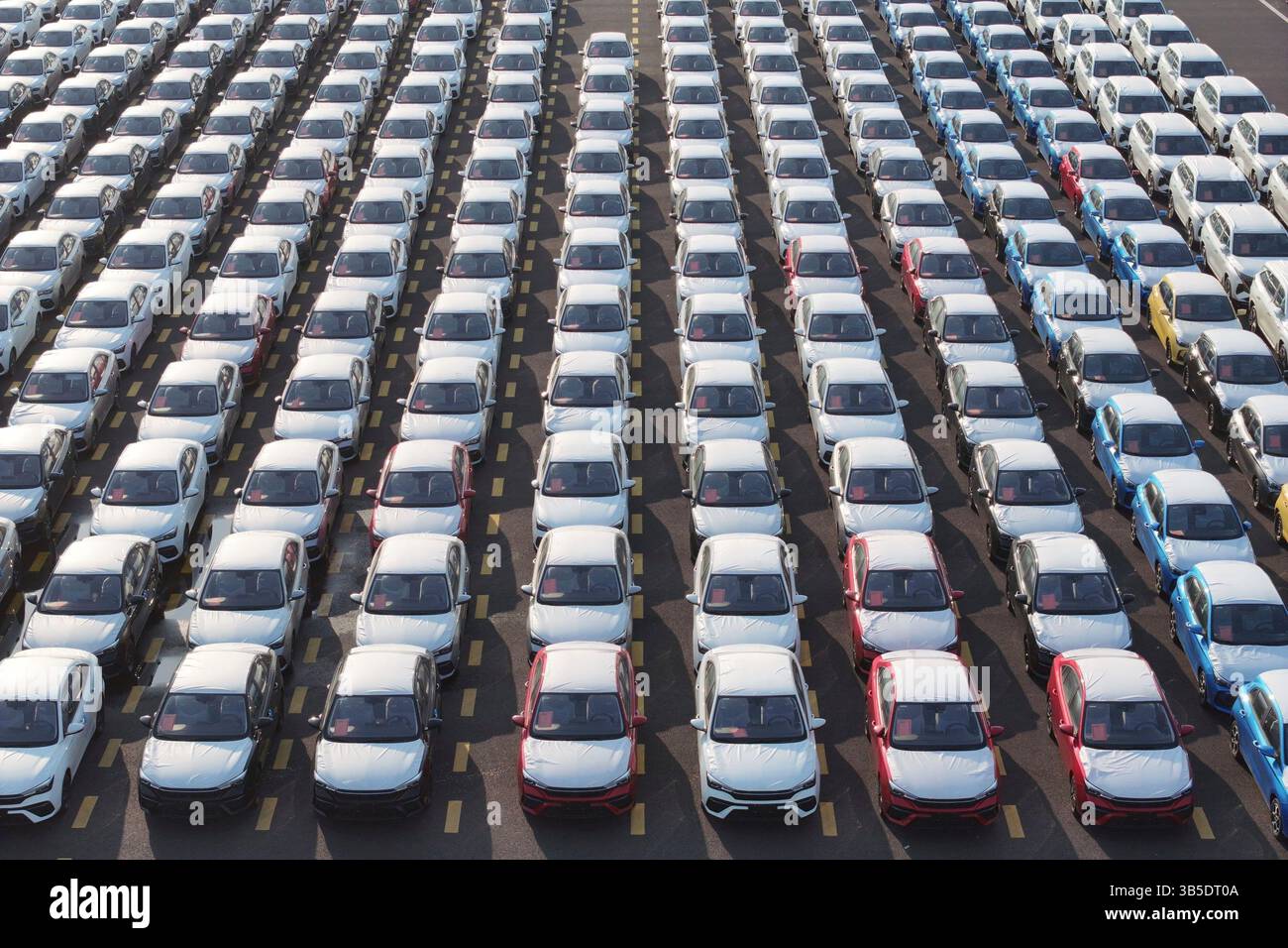 Aerial view of new cars wait for shipment in a port in Lianyungang in ...