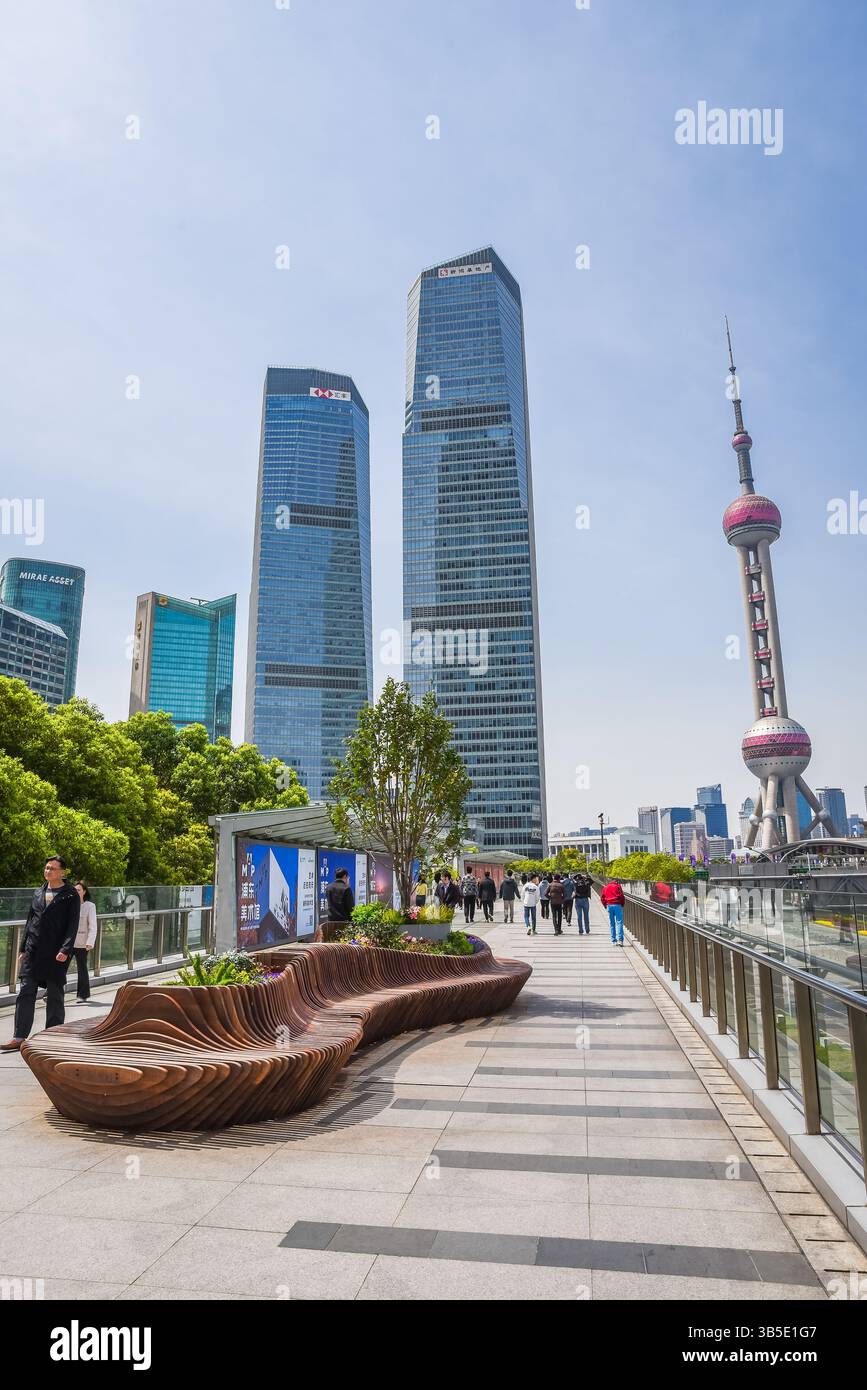 Shanghai, China - 1 April 2025: The pedestrian zone in Pudong showcases ...