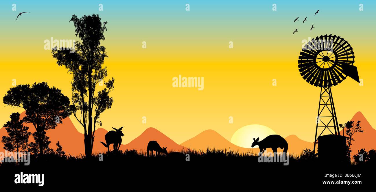 gum tree with kangaroos and birds in tree and sunset background ...