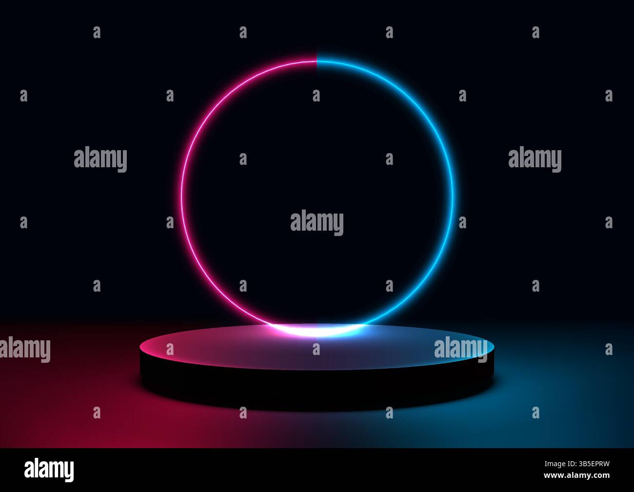 3D sleek cylindrical pedestal bathed in vibrant neon pink and cyan ...