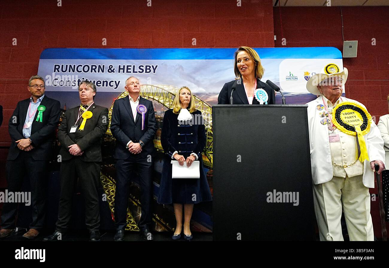Reform UK candidate Sarah Pochin makes a speech after winning a seat in ...