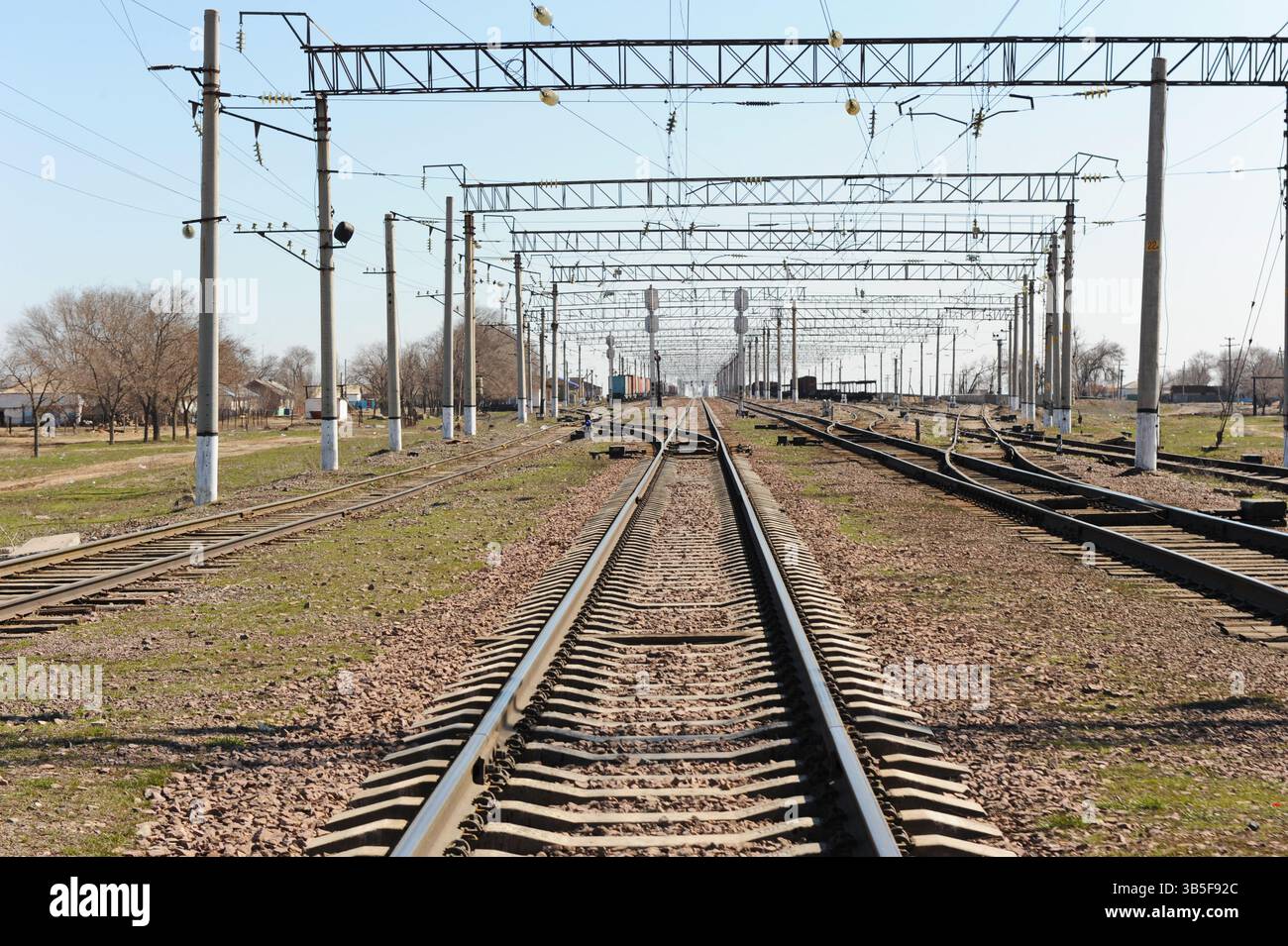 Railway crossing and station for passenger and freight trains Stock ...