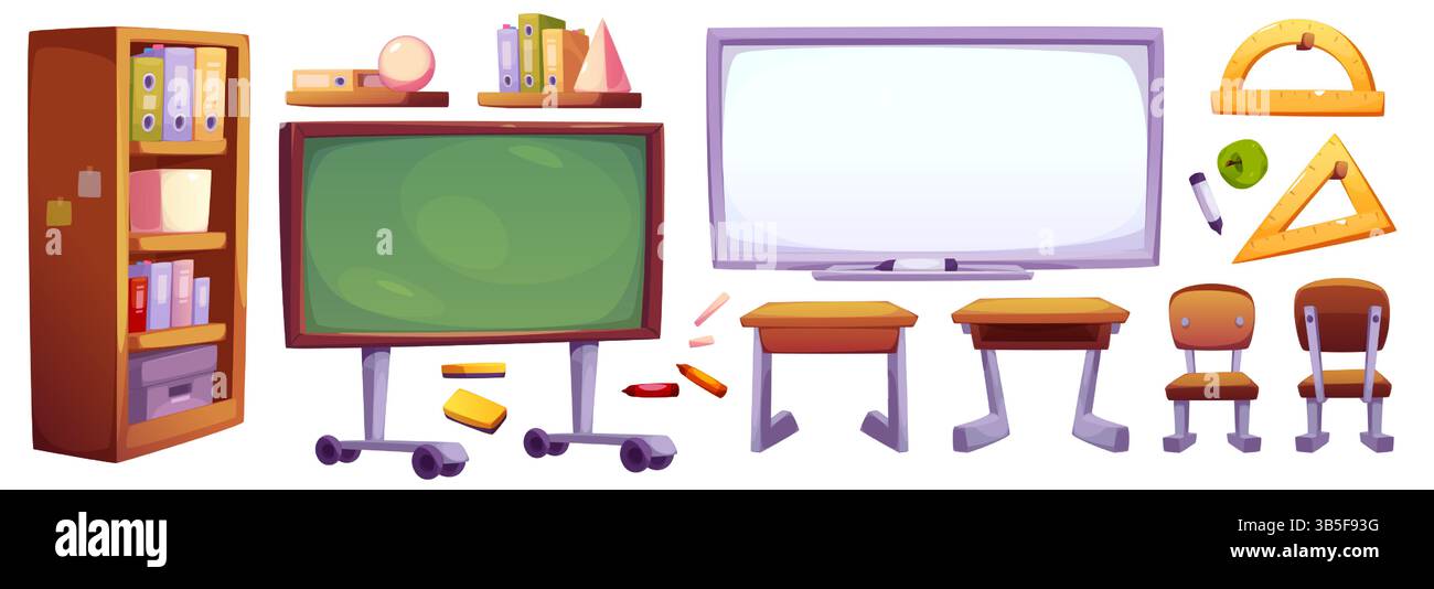 School classroom furniture and equipment set isolated on white ...