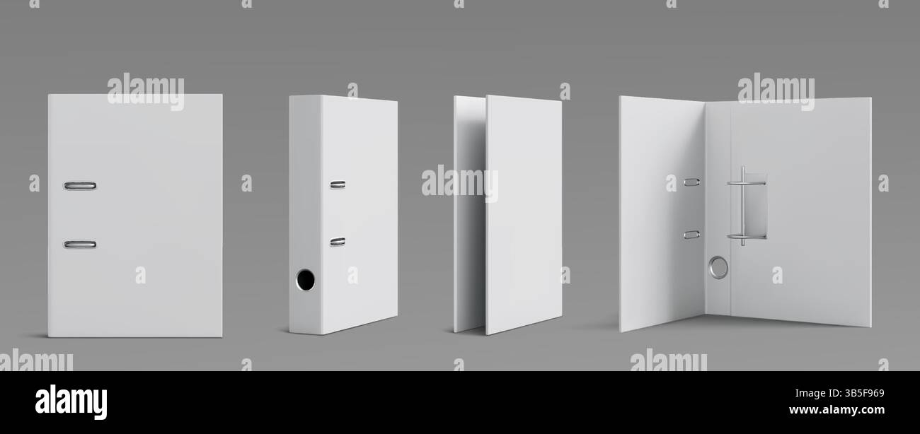 White office binders and folders mockup set from various angles. Blank ...