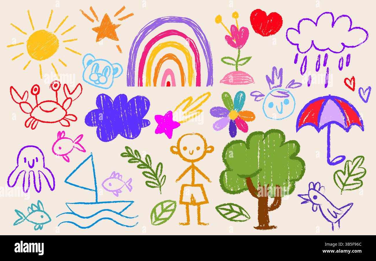Kids hand drawn crayon images set isolated on white background. Vector ...