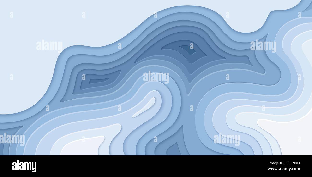 Blue paper cut topography relief. Vector illustration of papercut river ...