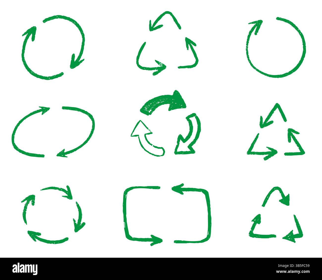 Hand drawn recycle arrows icon set. Crayon and chalk style in green ...