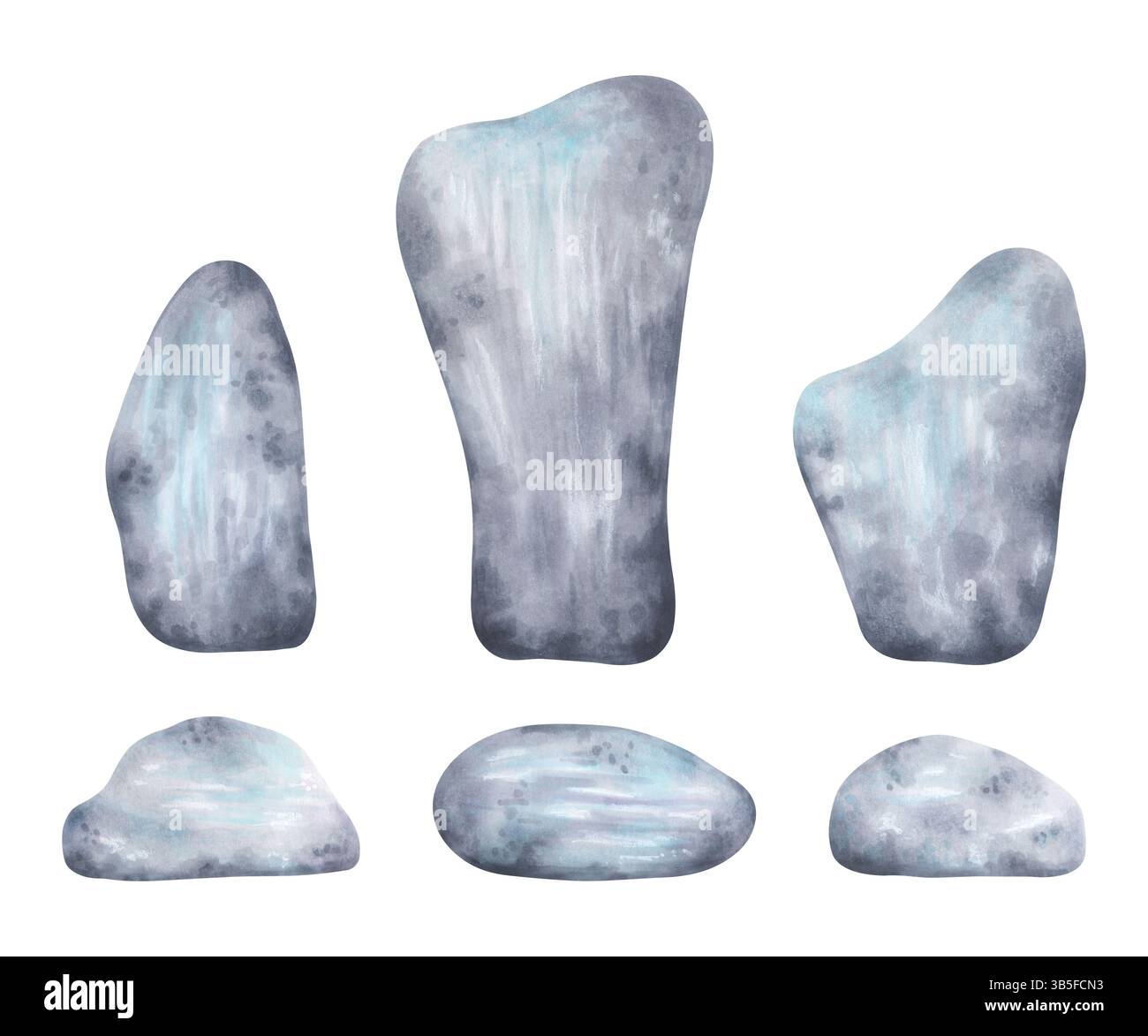 Set of grey blue stones. Watercolor and marker illustration. Isolated ...