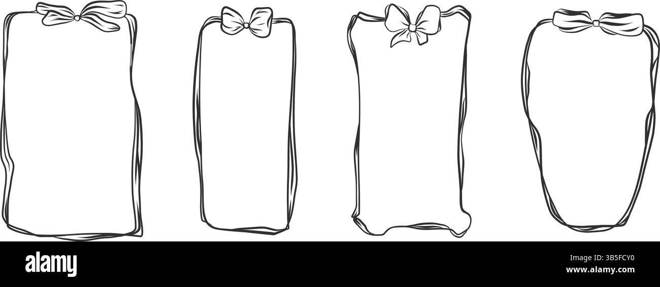 Bow ribbon frame collection. Hand drawn charcoal border. Cute line ...