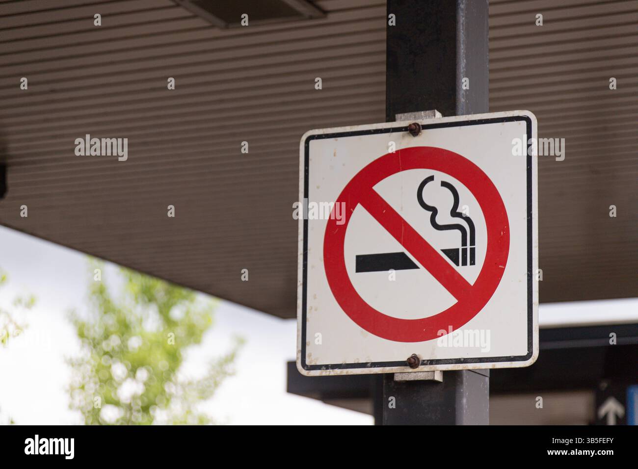 Close-up of a no smoking sign mounted on a pole under a covered ...