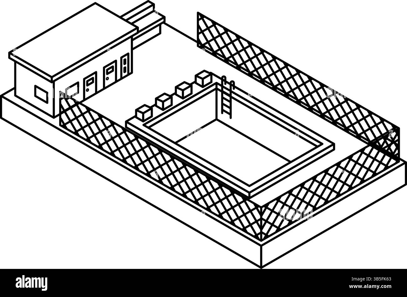 Isometric illustration of a simple line drawing of a fenced outdoor ...