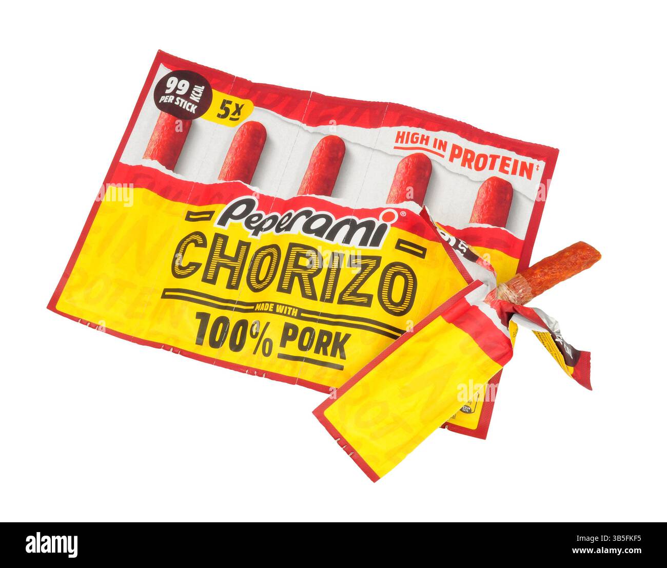 Peperami chorizo pork snack salami sausages in a pack of five Stock ...