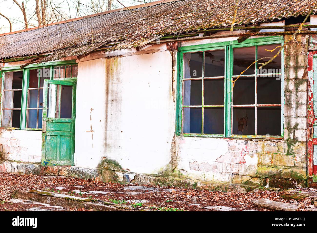 Old abandoned building with green windows and door, showing significant signs of decay like ...