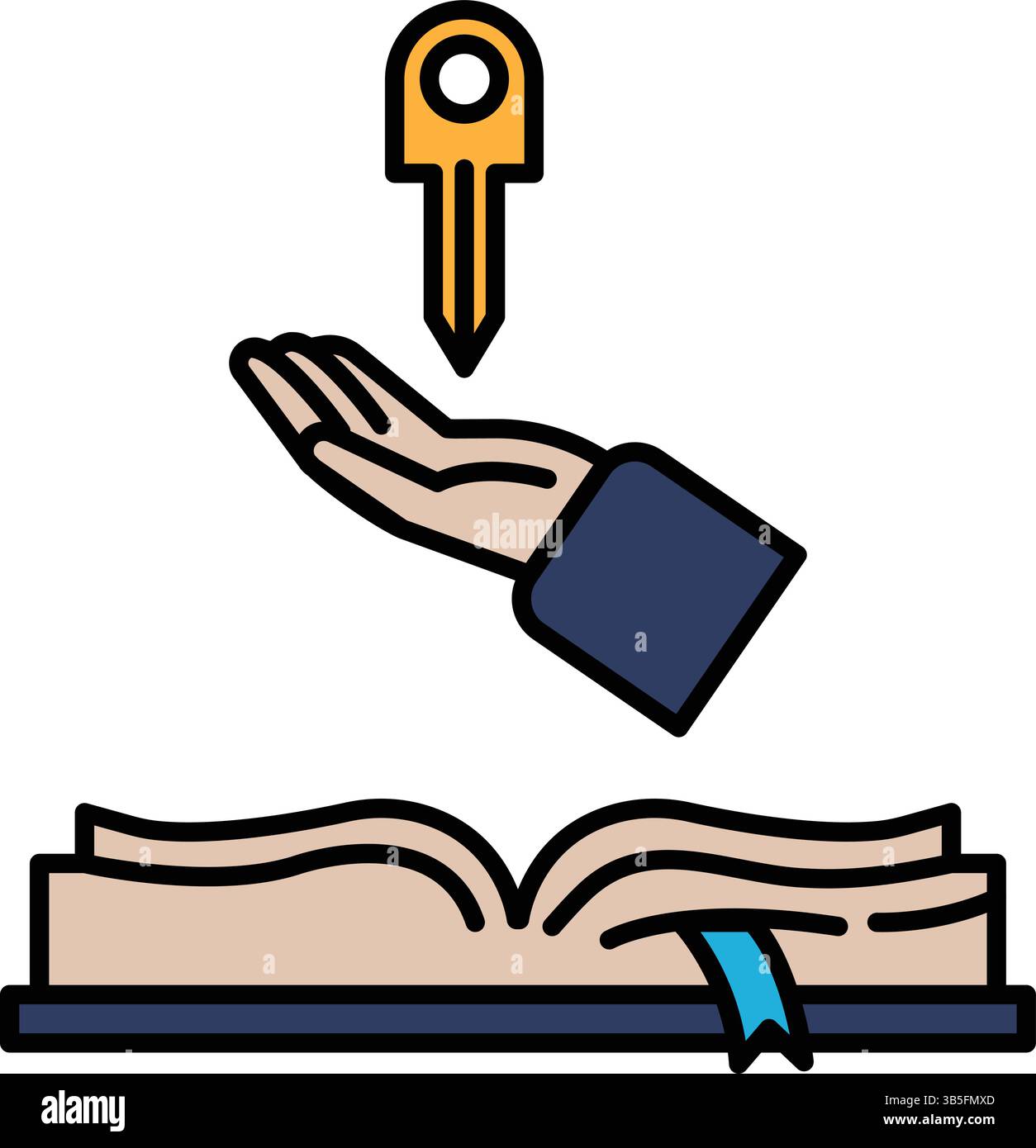 A hand is holding a key above an open book. Concept of unlocking ...