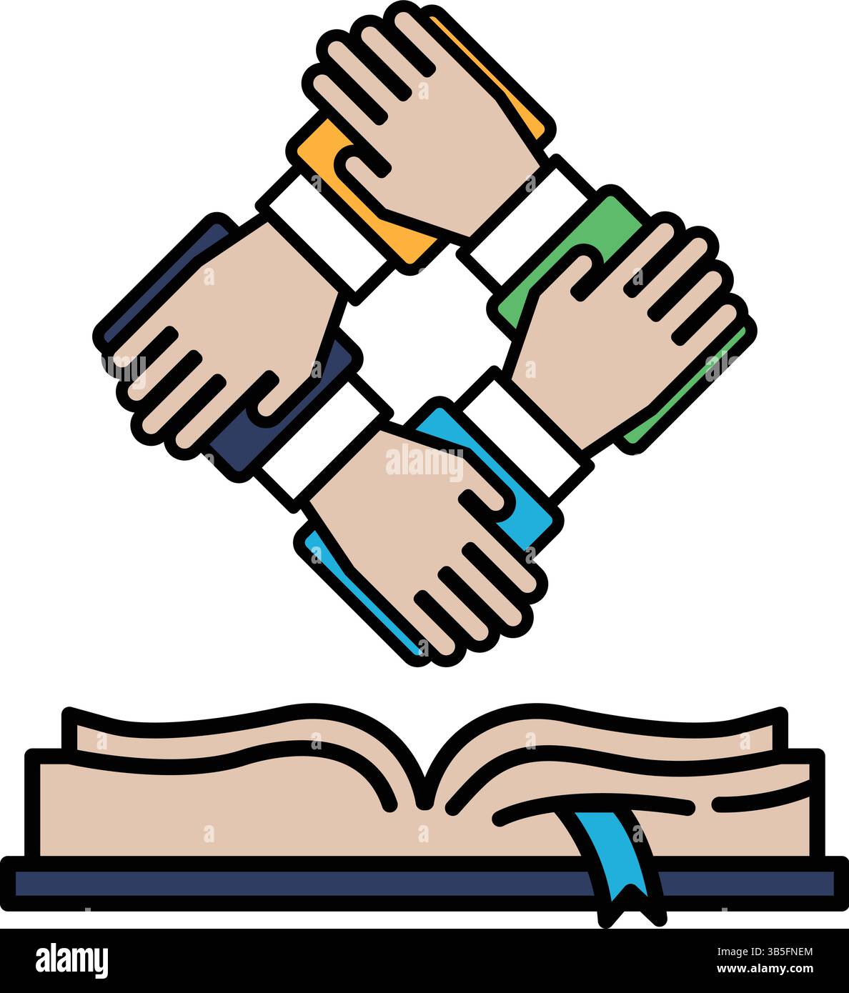 A hand is shown in the middle of a book with four other hands ...