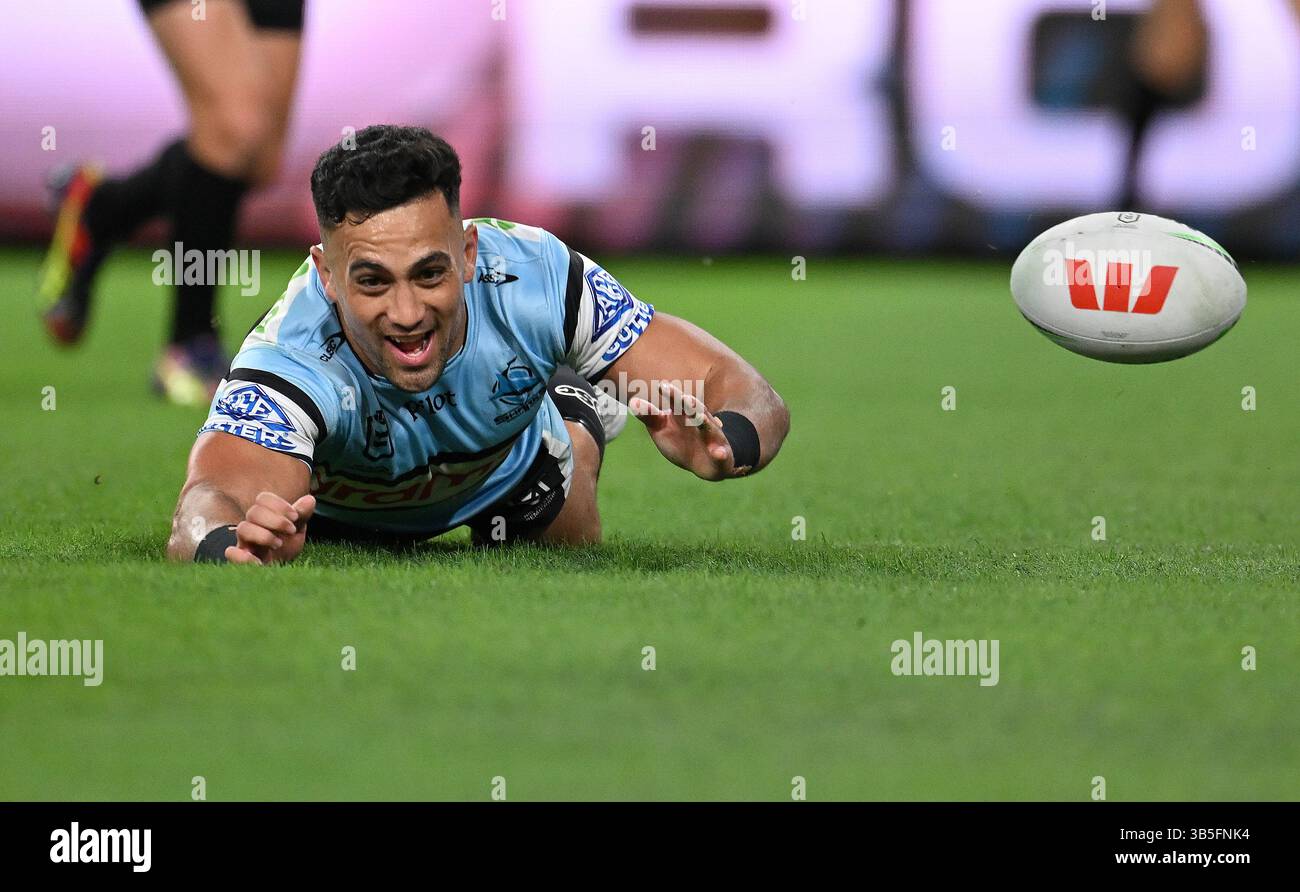 Brisbane, Australia. 02nd May, 2025. KL Iro of the Sharks scores a try ...