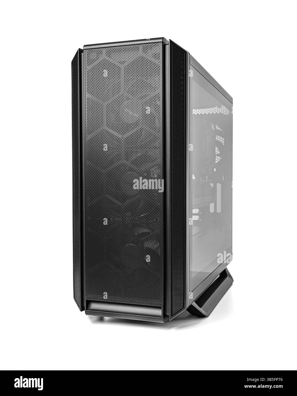 A sleek black PC case with a mesh front panel and tempered glass side ...