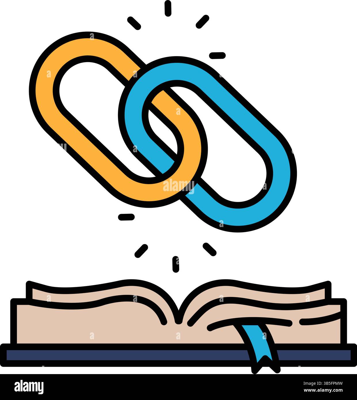 A chain link is shown above an open book. The chain link is orange and ...