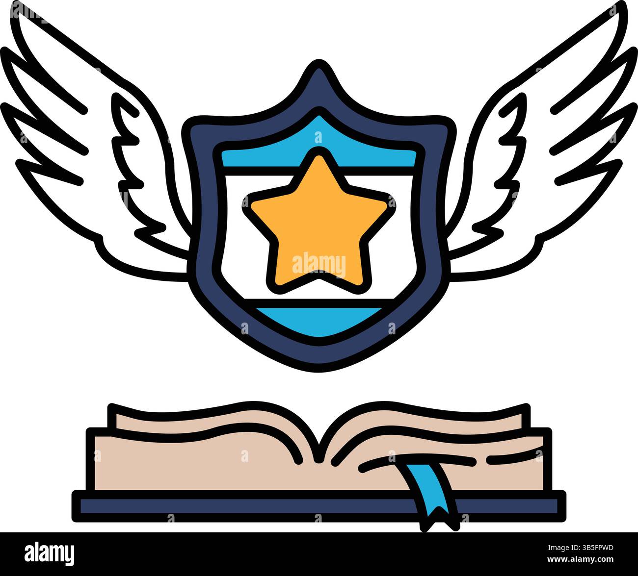 A shield with a star and wings is shown above an open book. The shield ...