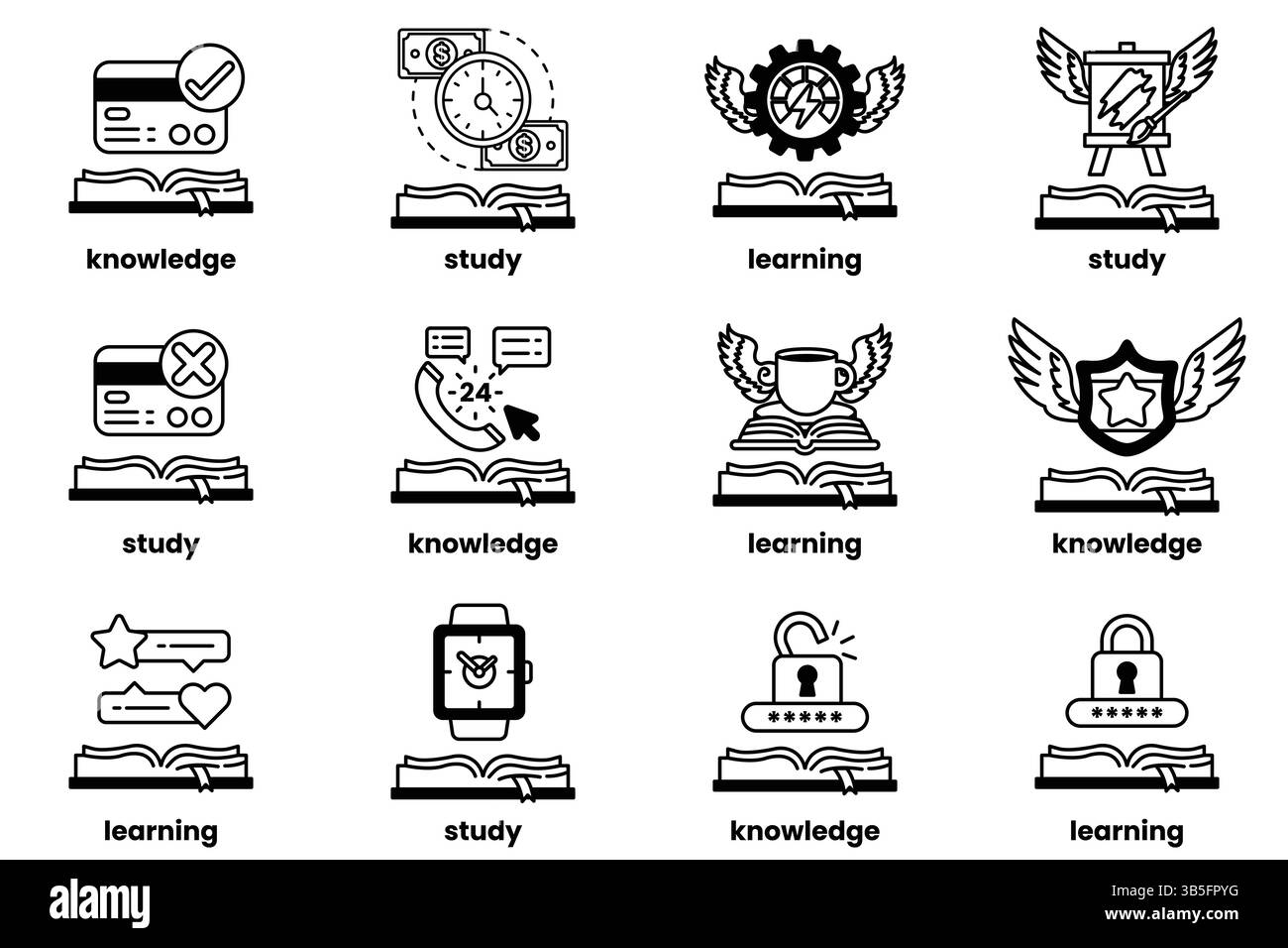 A set of icons that represent various aspects of learning and knowledge ...